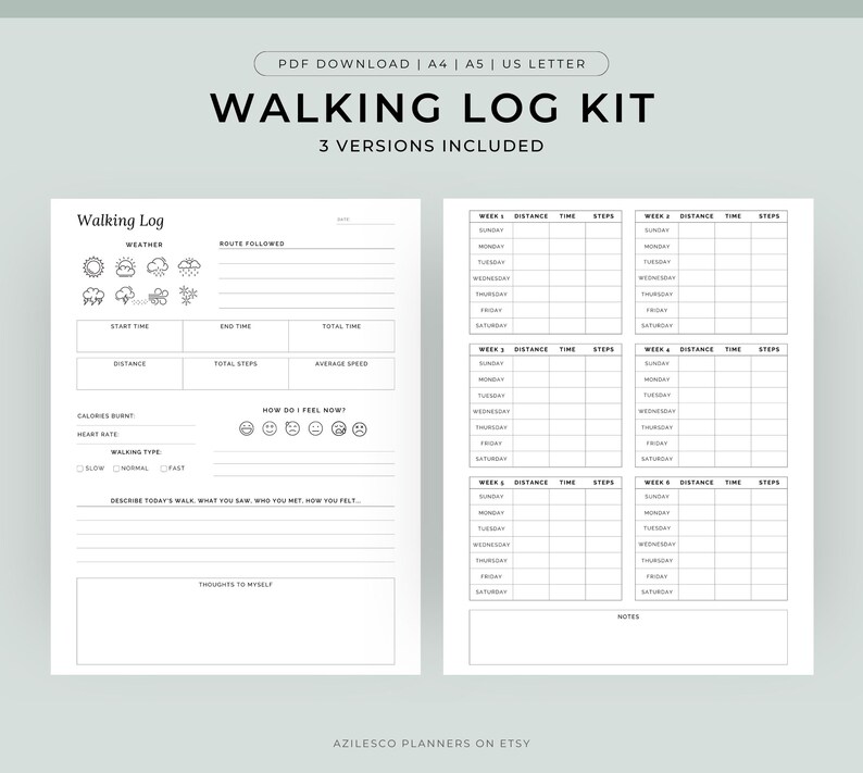 Walking Log Printable, Steps Tracker, Fitness Journal, Walking Tracker ...