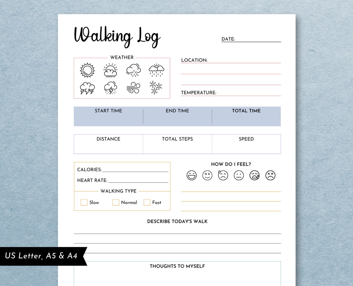 Walking Log Printable Steps Tracker Fitness Journal Walking - Etsy