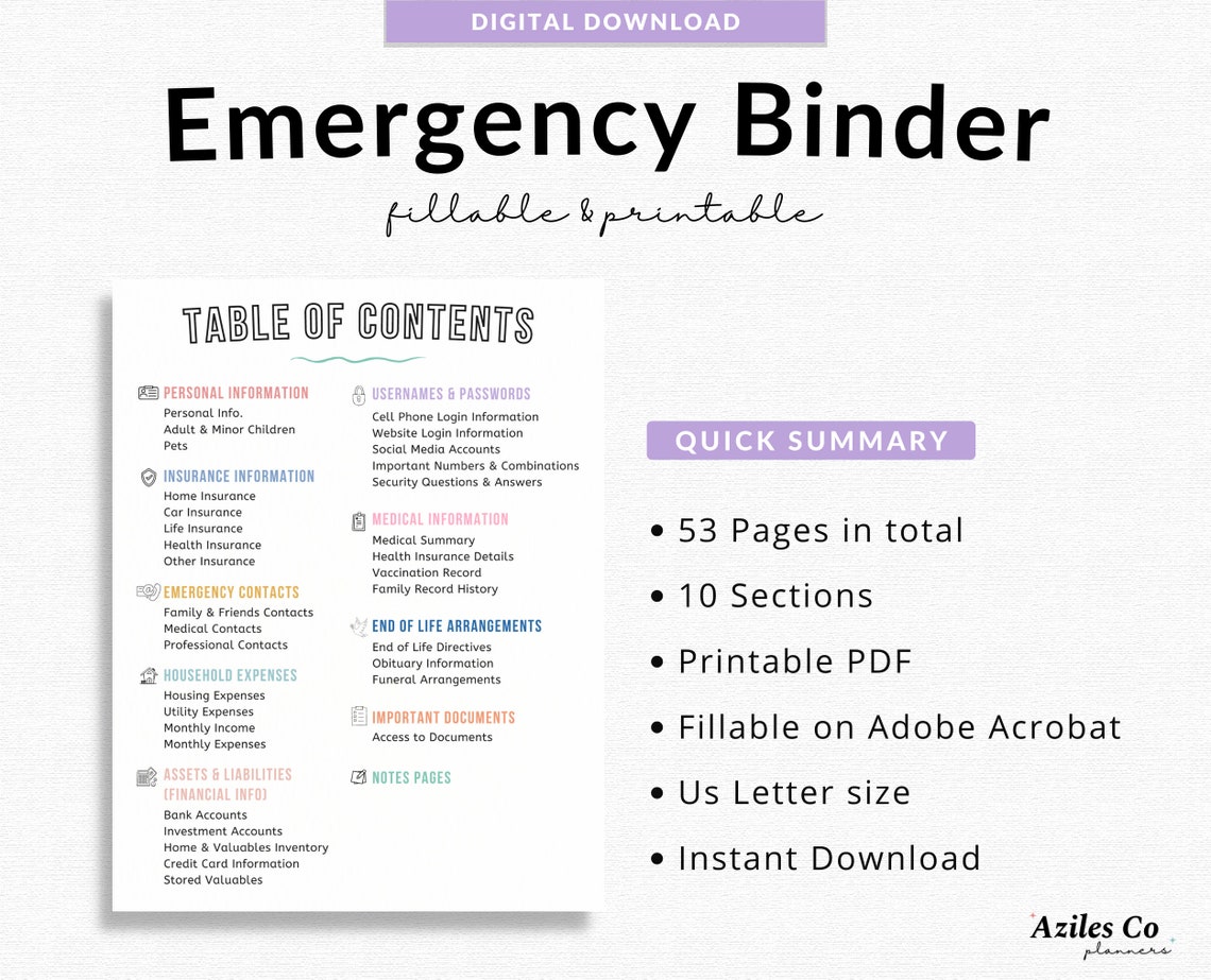 Emergency Binder Printable and Fillable in Case of Emergency - Etsy