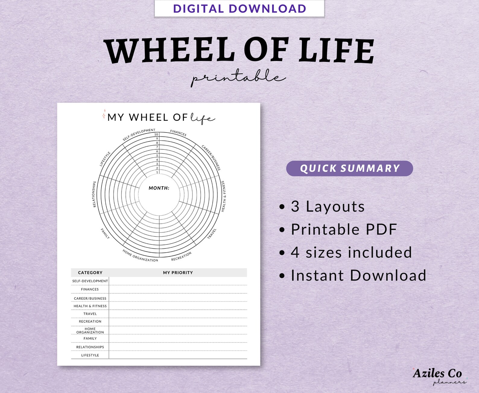 Wheel of Life Printable Printable Wheel of Life Kit Goals - Etsy