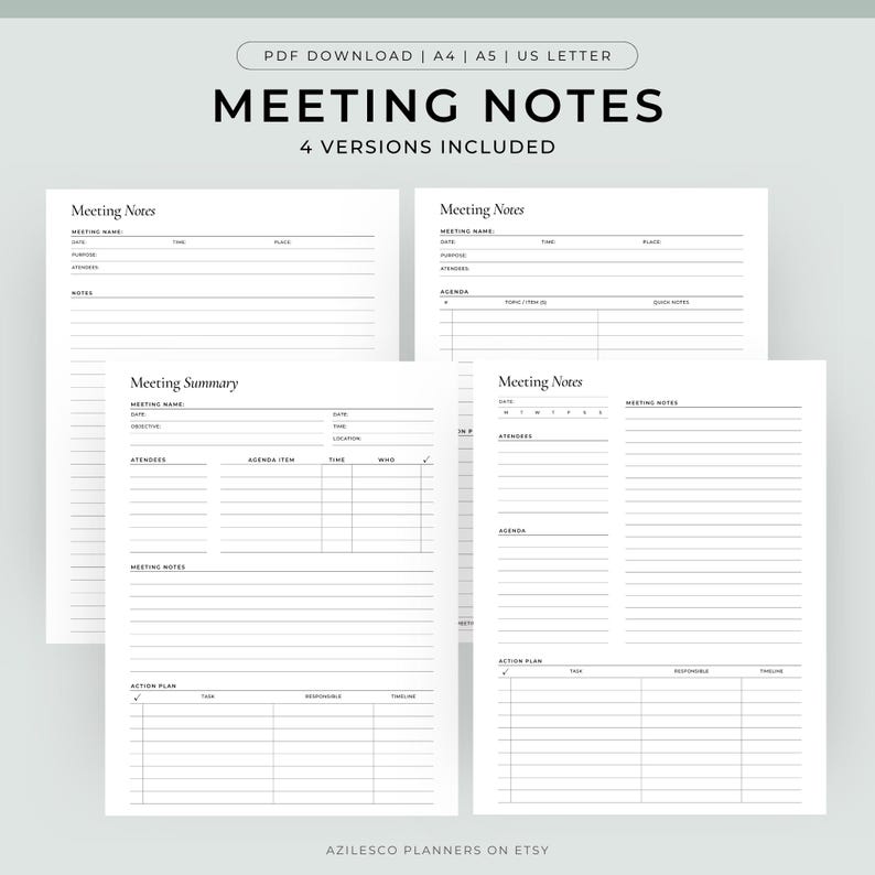 Meeting Notes Printable, Meeting Minutes, Printable Work Organizer ...