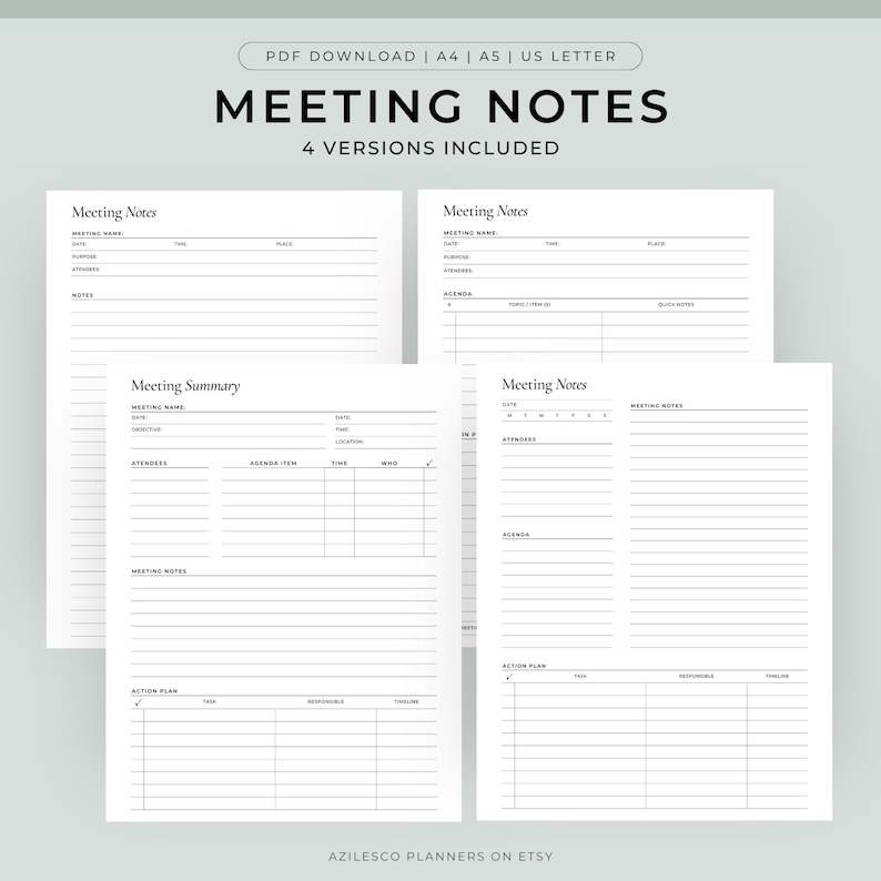 Meeting Notes Printable, Meeting Minutes, Printable Work Organizer ...