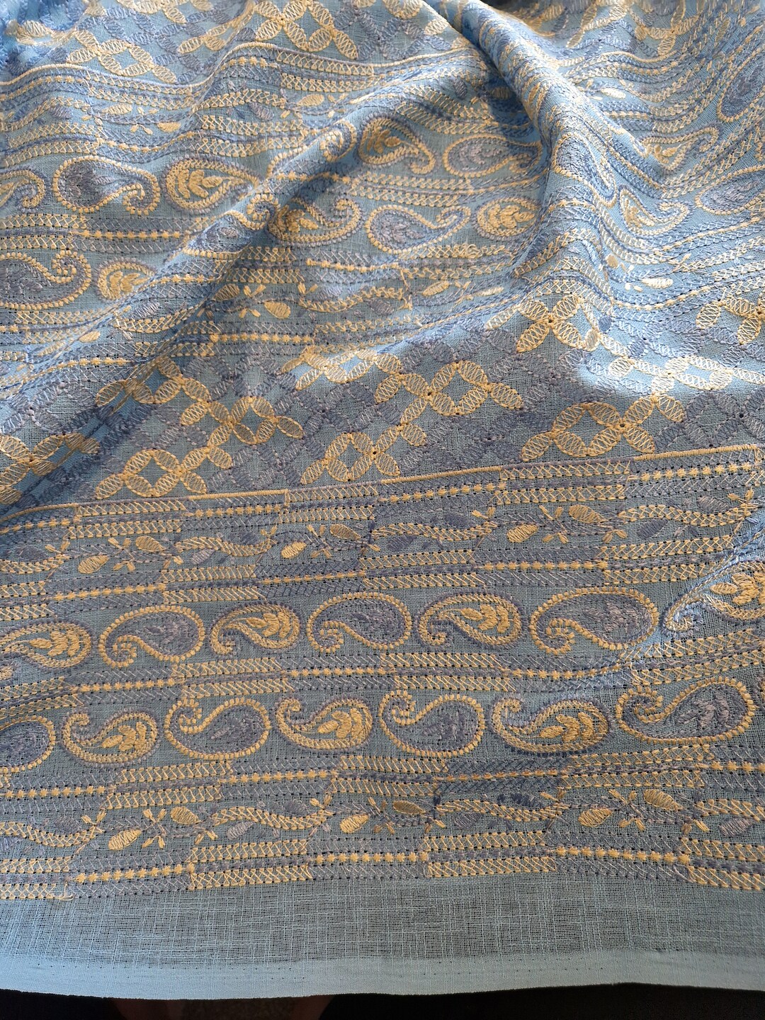 Baby BLUE Cotton FABRIC by the METRE Embroidered With Blue and Gold ...