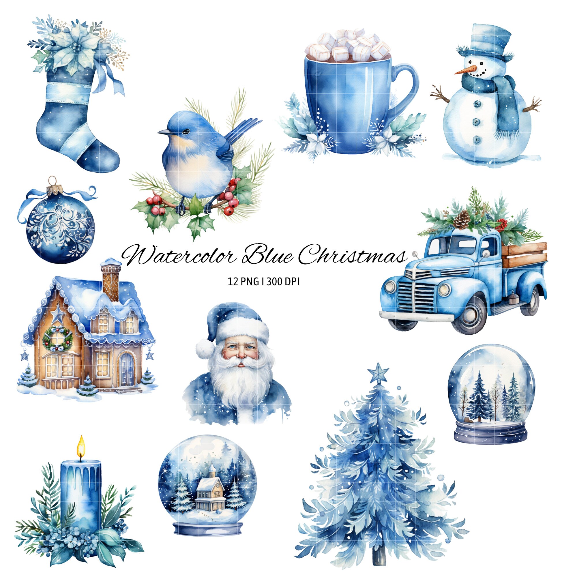 Blue Tis the Season Christmas Png Clipart, Watercolor Christmas Clipart ...