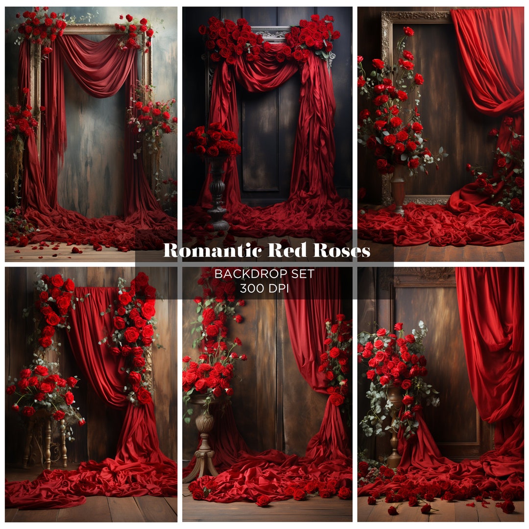 Red Roses Curtain Digital Backdrop: Romantic Photography Overlay (JPG ...