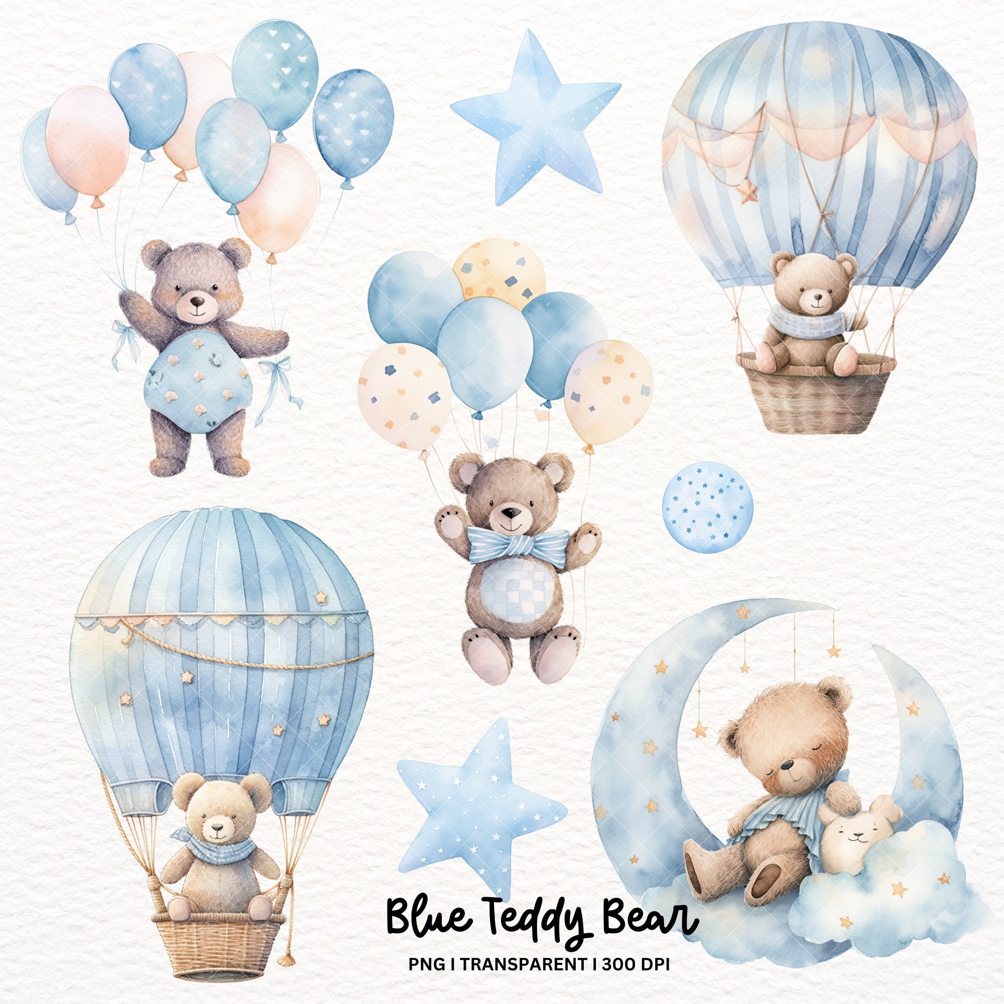 Watercolor Teddy Bear Clipart Baby Shower for Boy Blue Bear PNG ...