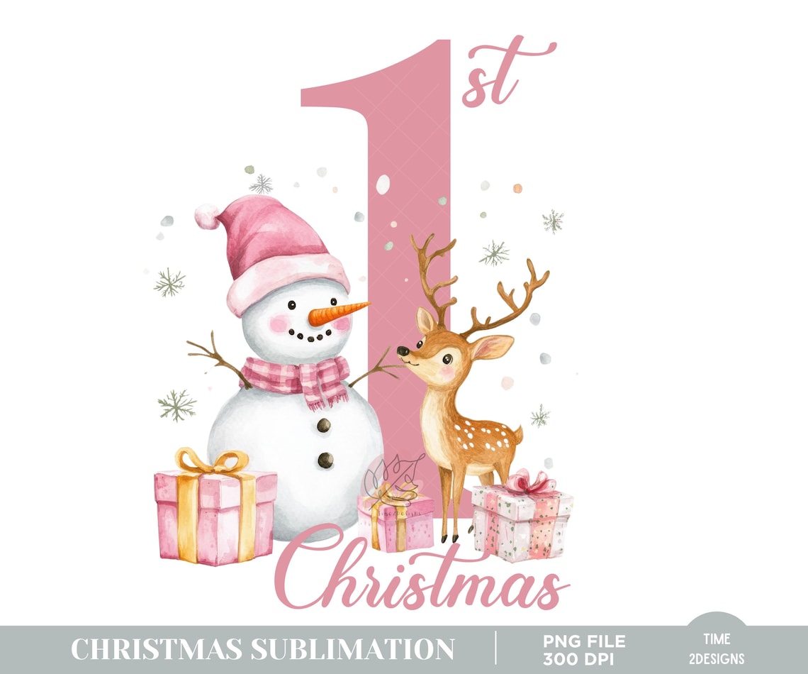 Baby's 1st Christmas Sublimation Design Pink Christmas Snowman Clipart ...