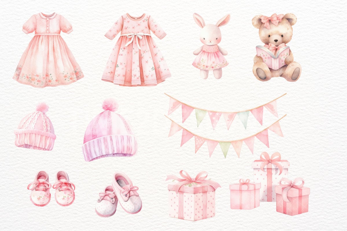 Watercolor Teddy Bear Clipart Bundle Baby Shower for a Girl, Commercial ...