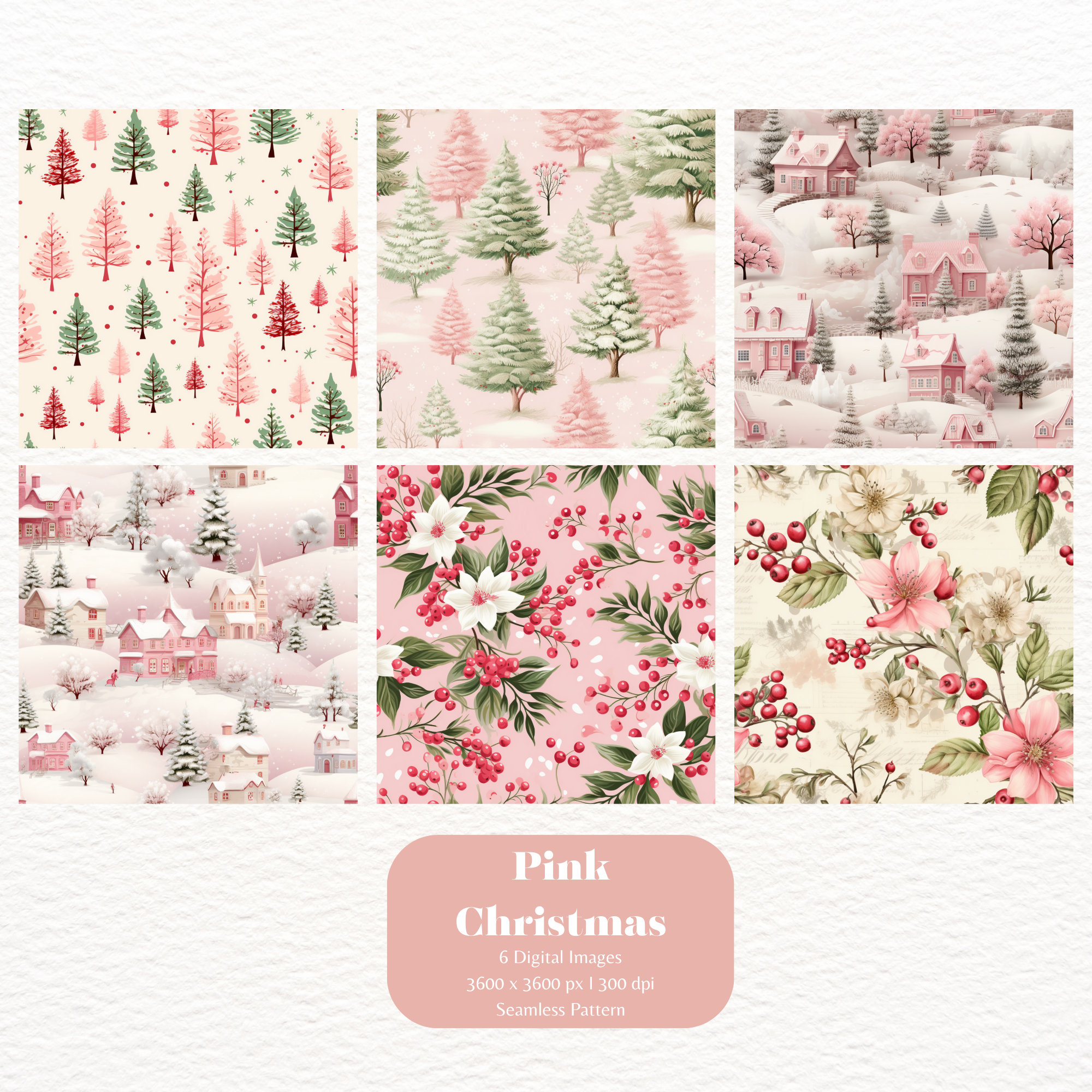 Vintage Pastel Pink Christmas Digital Paper: Seamless Patterns (digital ...