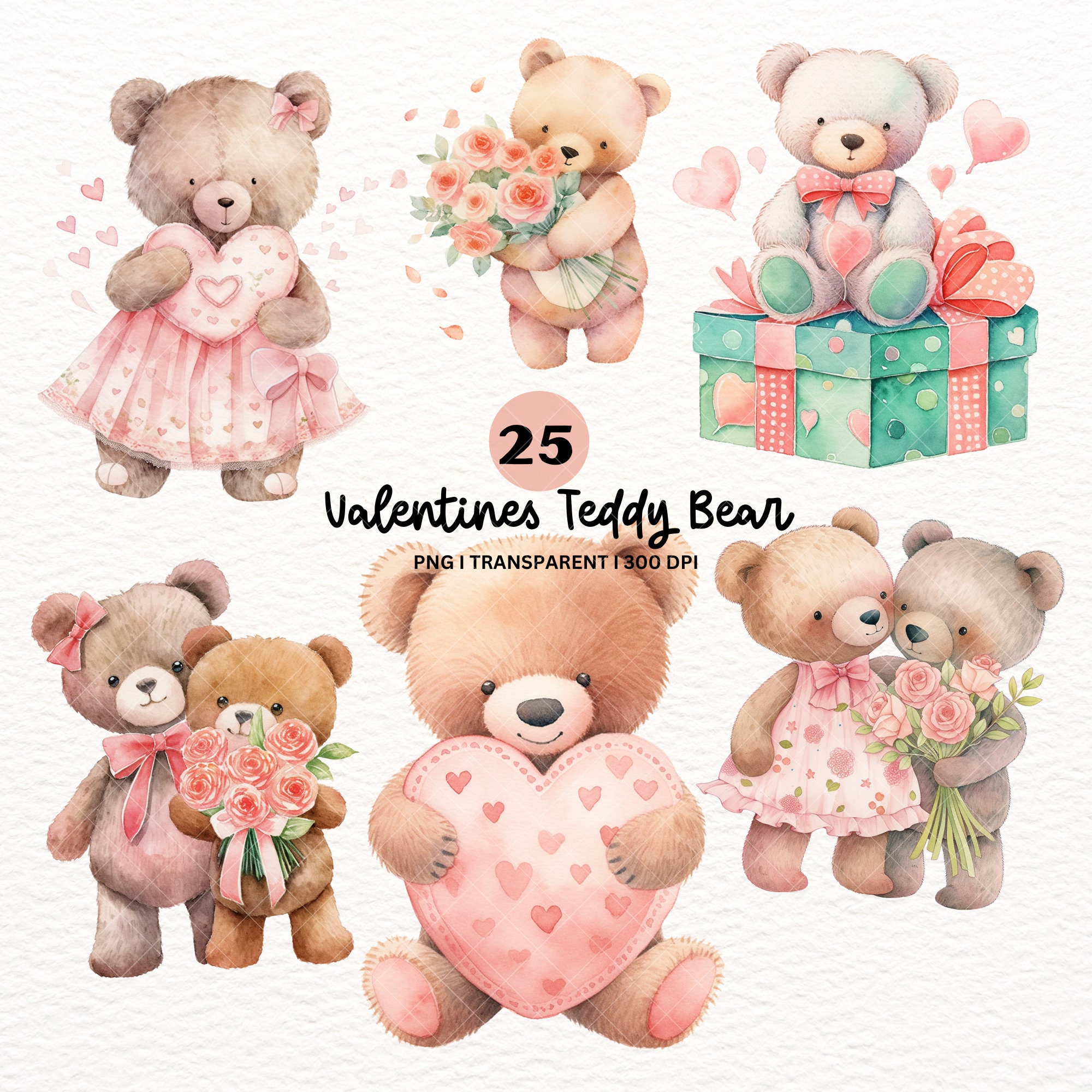 Watercolor Valentines Bear Clipart Cute Teddy Bear Valentines PNG ...