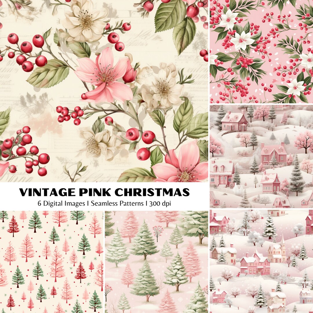 Vintage Pastel Pink Christmas Digital Papers Christmas Seamless Pattern ...