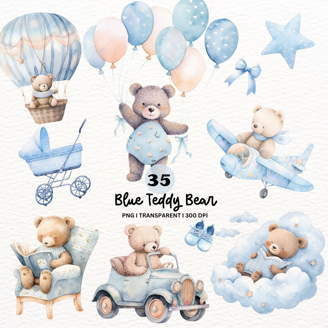 Watercolor Teddy Bear Clipart Baby Shower for Boy Blue Bear PNG ...