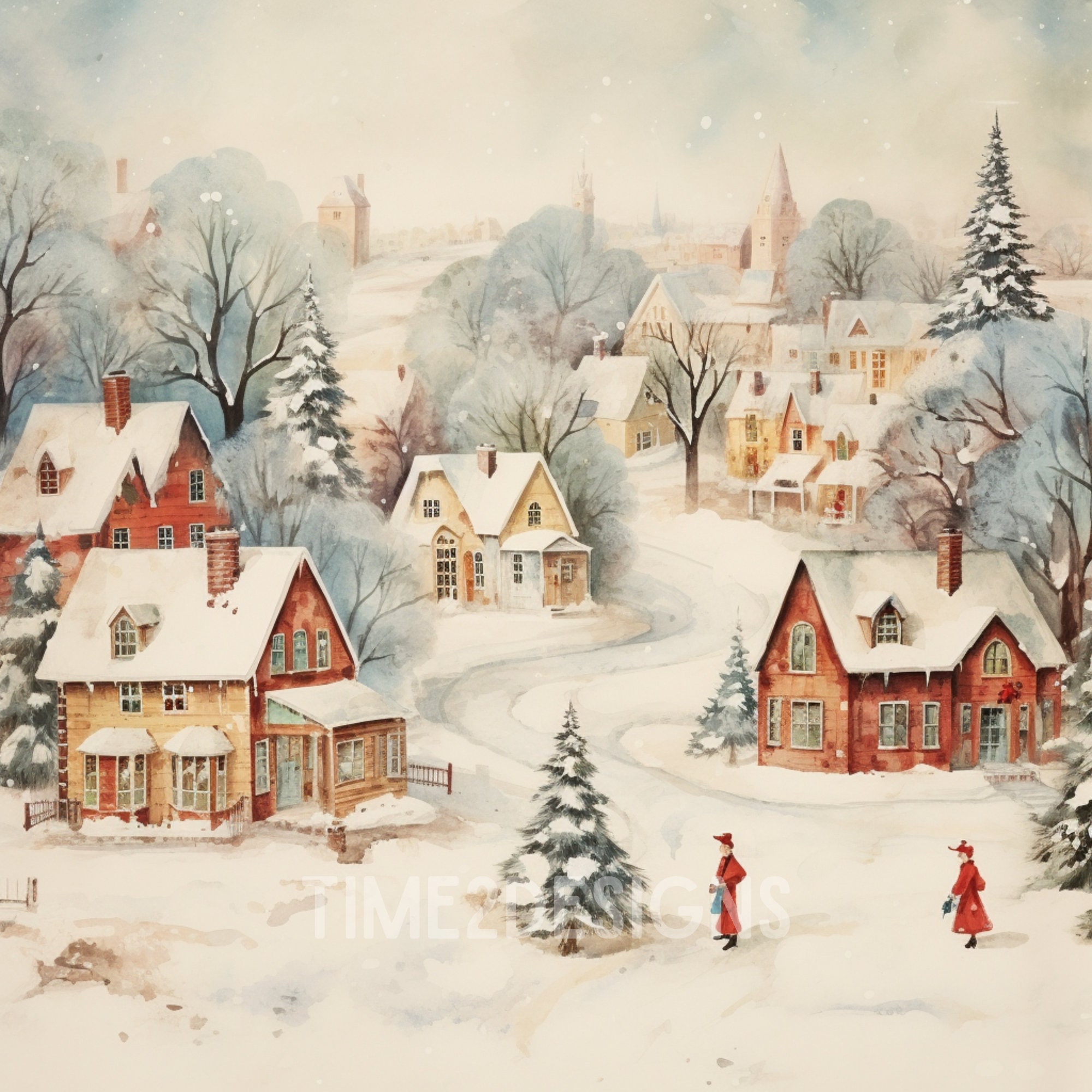Vintage Winter Village Background Clipart Junk Journal Paper Digital ...