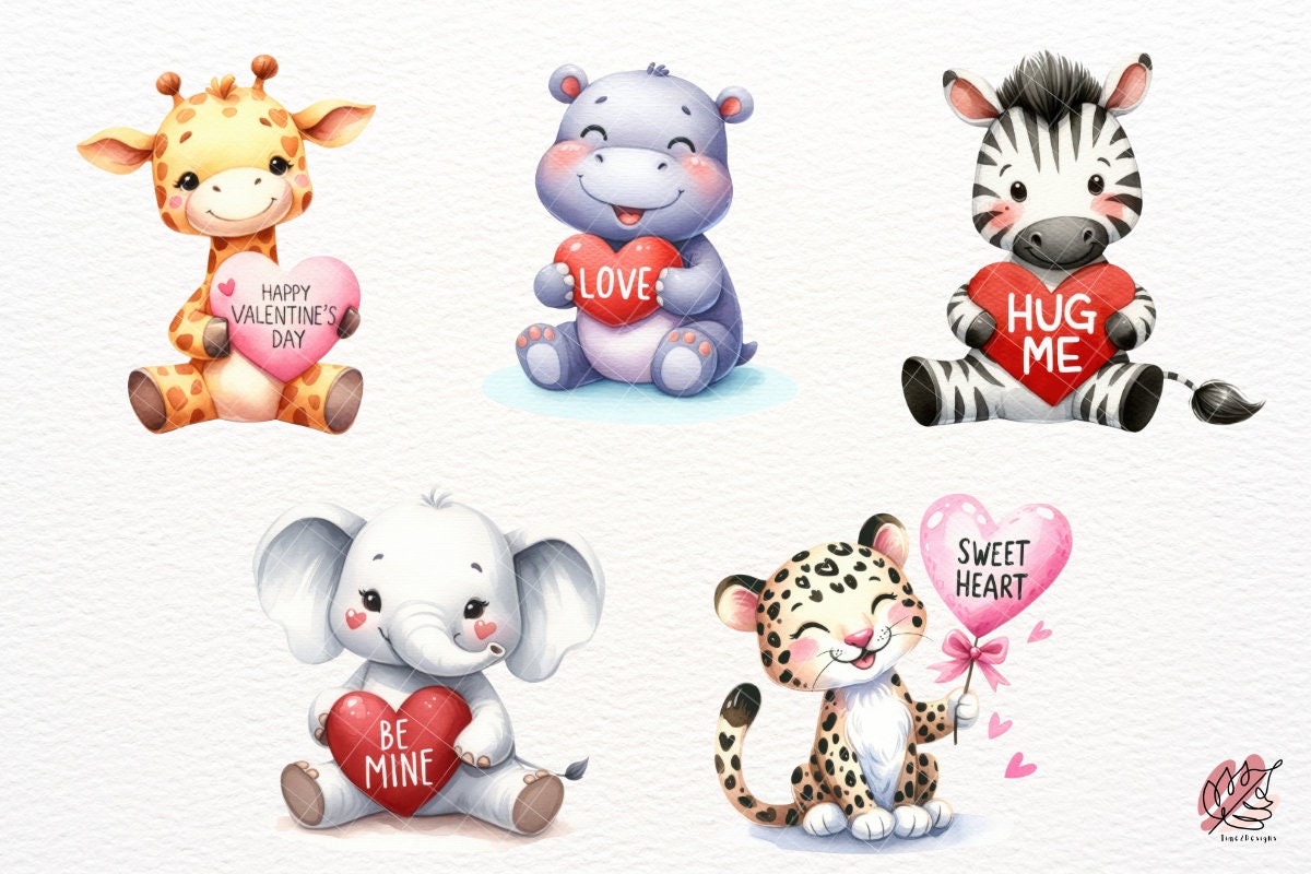 Cute Valentine's Day Animals Clipart 15 High Quality Pngs Junk Journals ...
