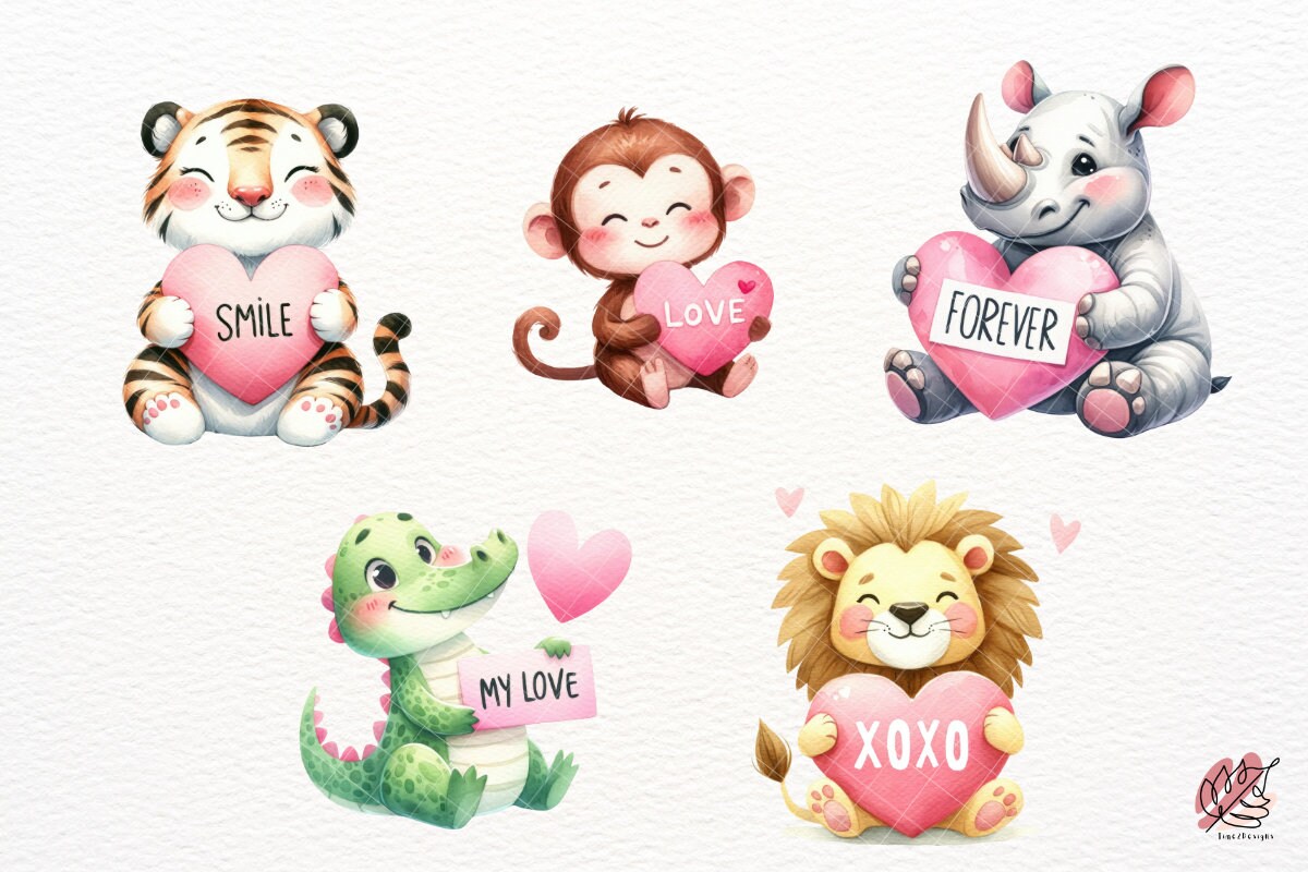 Cute Valentine's Day Animals Clipart 15 High Quality Pngs Junk Journals ...