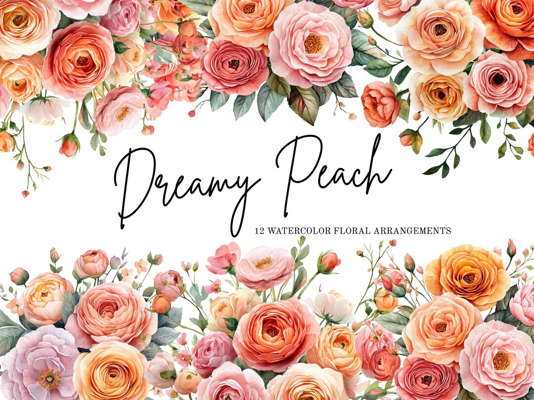 Peach Floral Clipart, Floral Bouquet Graphics, Bright Watercolor ...