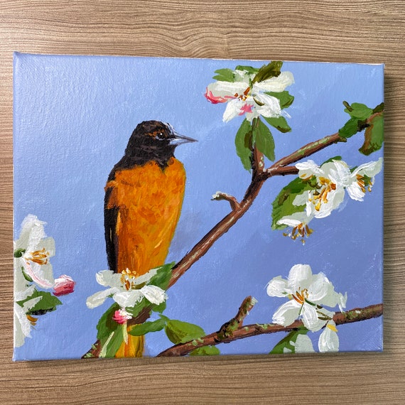 Acrylic Painting Bird on Flowering Tree | Etsy