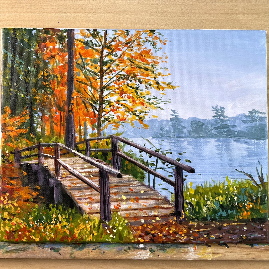 Acrylic Painting Autumn Bridge Landscape - Etsy