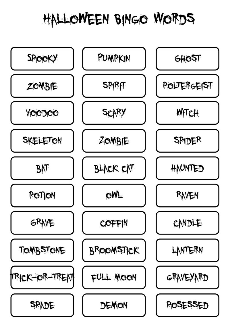 Halloween Bingo Cards & Words (digital Download to Print) Spooky Bingo ...