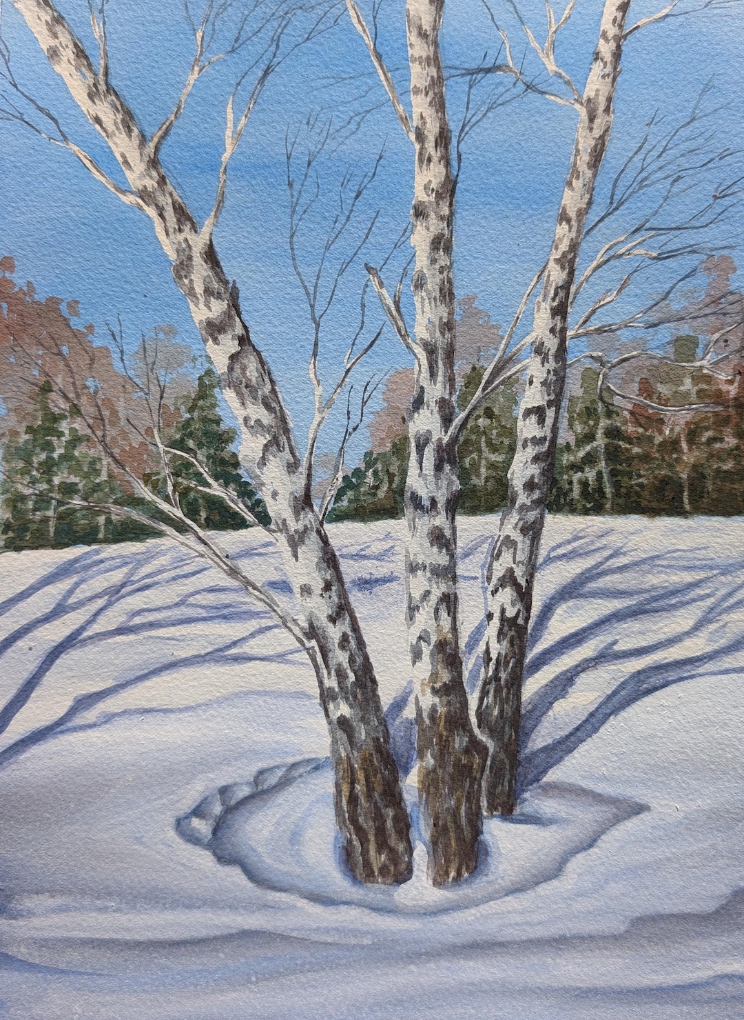Winter Birch Tree Watercolornpainting, Blue Sky Art, Original Painting ...