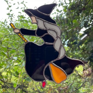 Stained Glass Halloween Witch on Broomstick Suncatcher - Etsy