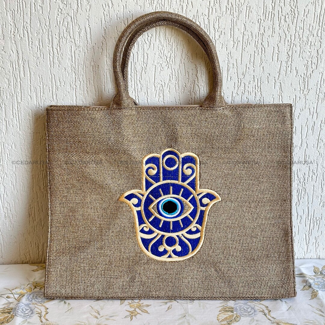 Hamsa Hand Evil Eye Burlap Handbag From Lebanon - Handmade Lebanese ...