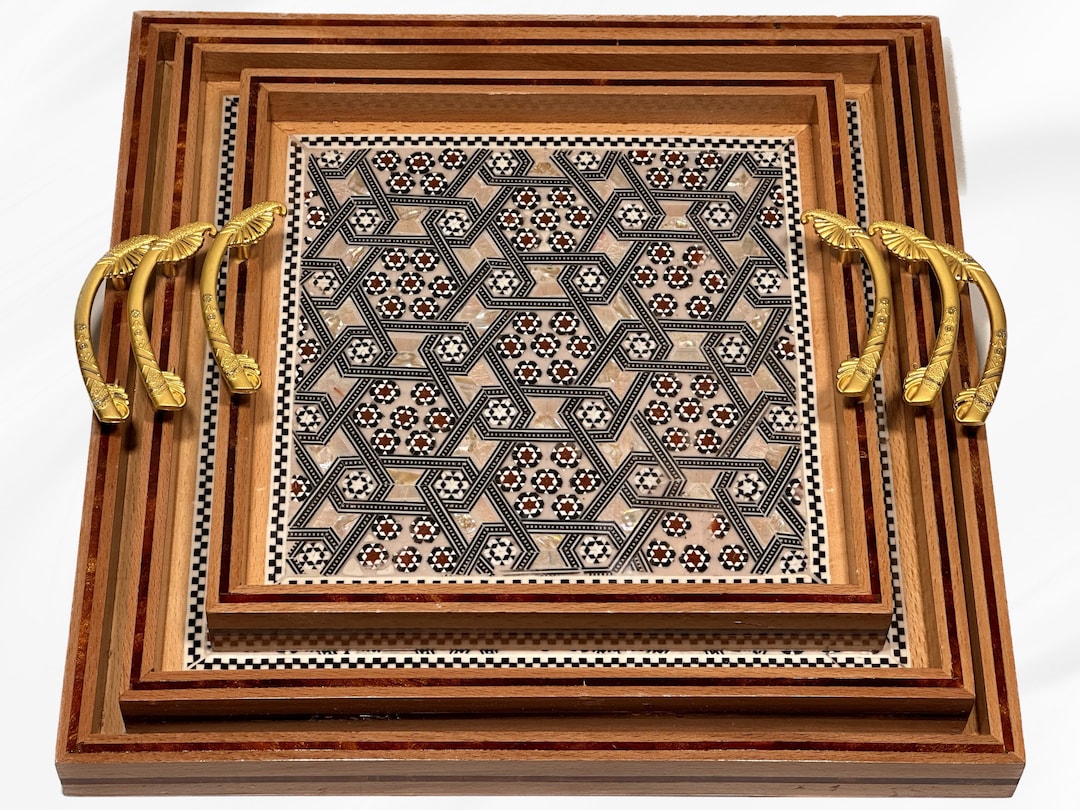 Handmade Oriental Serving Tray – Geometric Pearl Inlay, Lebanese Wood ...
