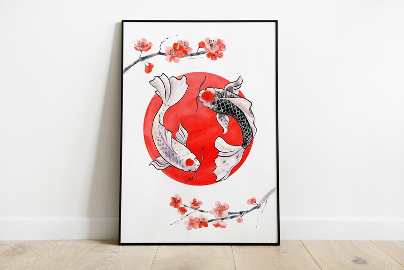 Japanese Koi Fish Art Print - Yin Yang Sakura Wall Decor - Traditional ...