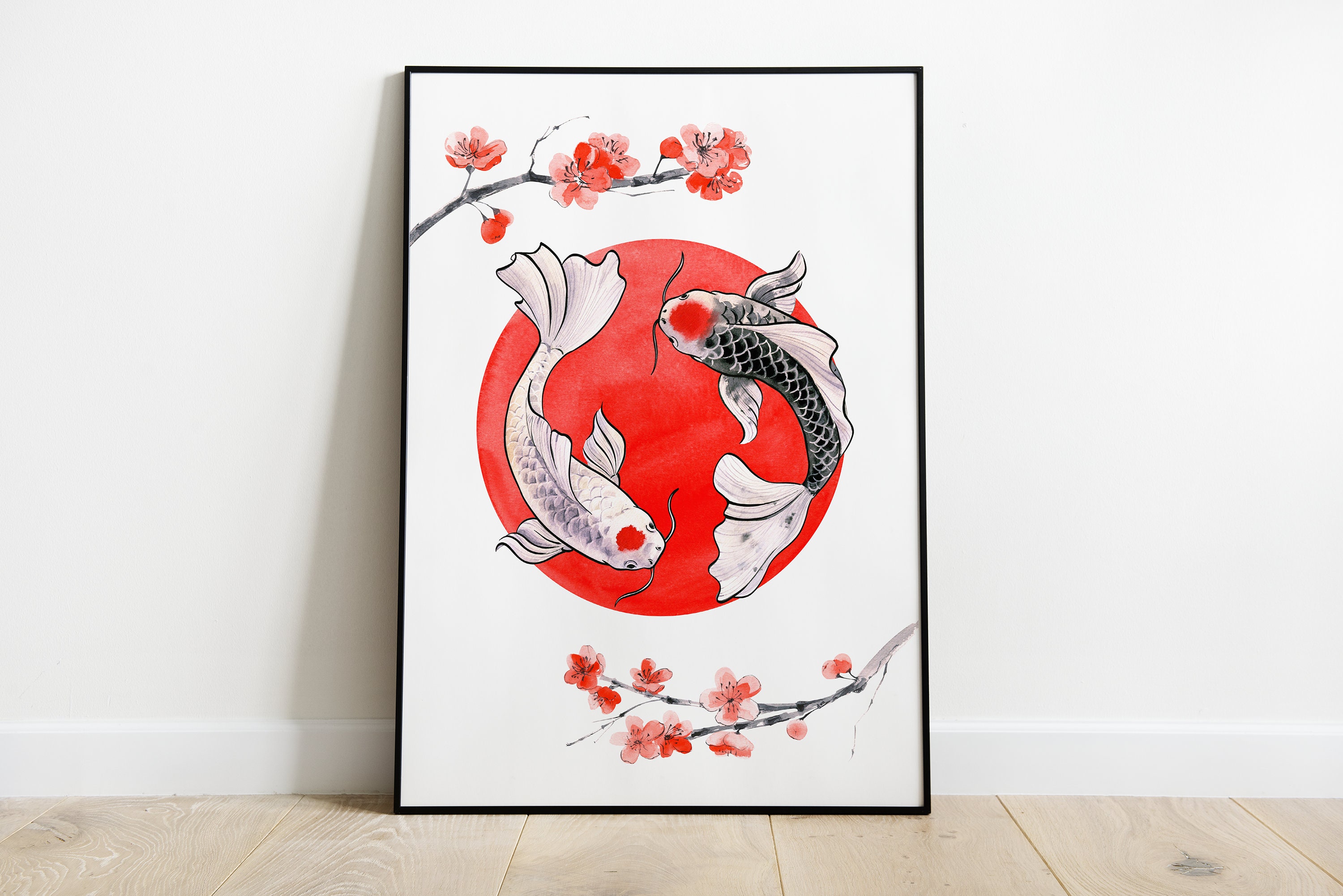 Japanese Koi Fish Art Print - Yin Yang Sakura Wall Decor - Traditional ...