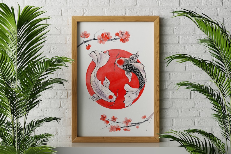 Japanese Koi Fish Art Print - Yin Yang Sakura Wall Decor - Traditional ...