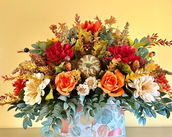 Large Fall Farmhouse Centerpiece, Autumn Flower Arrangement, Fall Table ...