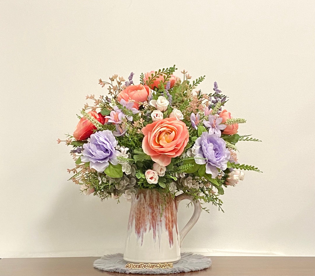 Spring Floral Arrangement: Farmhouse Centerpiece in Crackled Ceramic ...