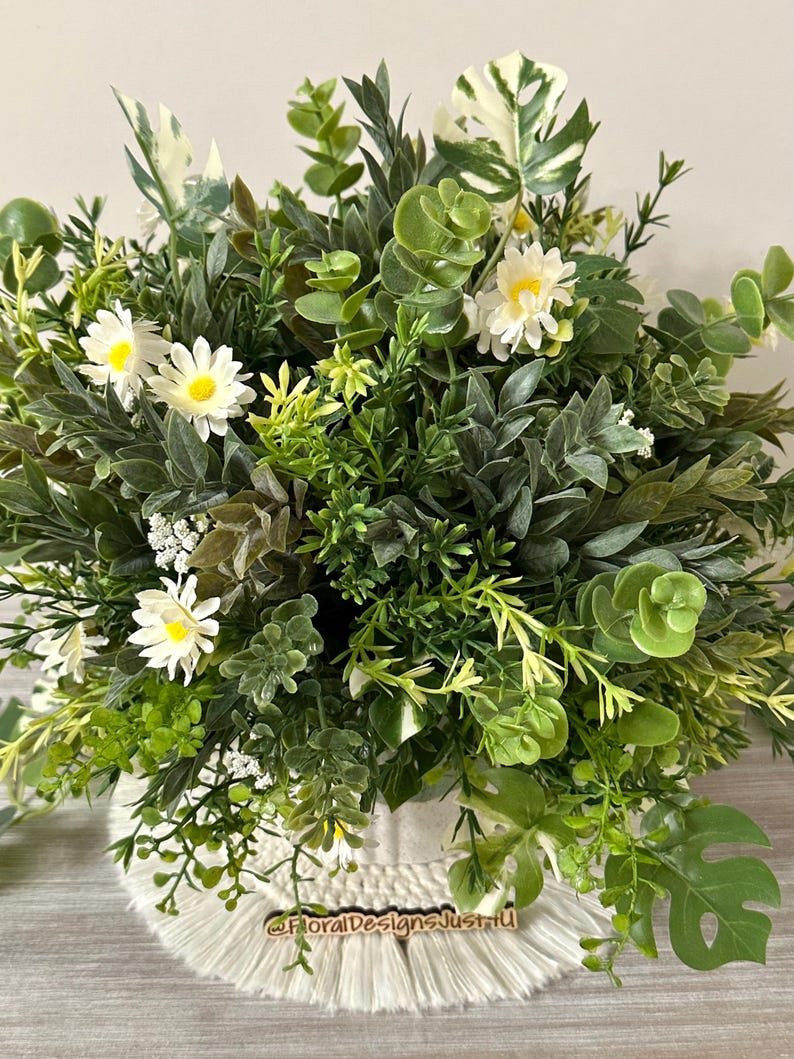 Farmhouse Greenery Arrangement: Faux Plants in Green Ceramic Vase - Etsy