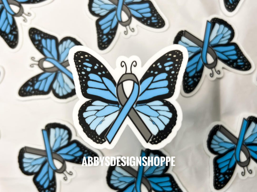 Diabetes Ribbon Butterfly Mini Sticker, Blue and Grey Ribbon, Awareness ...