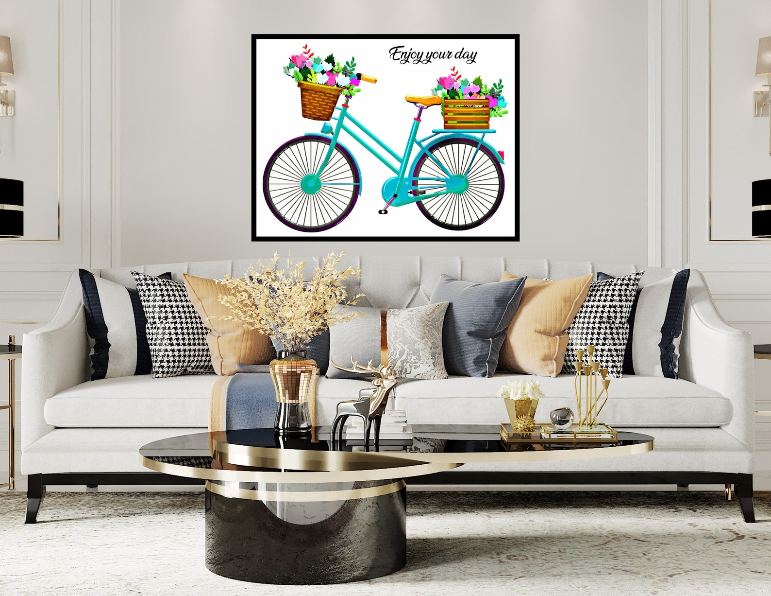 Blue Bicycle With Flower Baskets Wall Art, Bike With Two Flower Baskets ...