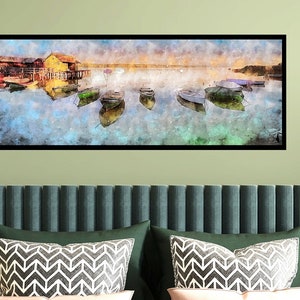 Landscape Framed Print, Nature Landscape, Lake Boat Watercolor ...