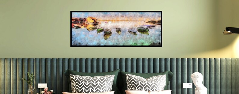 Landscape Framed Print, Nature Landscape, Lake Boat Watercolor ...