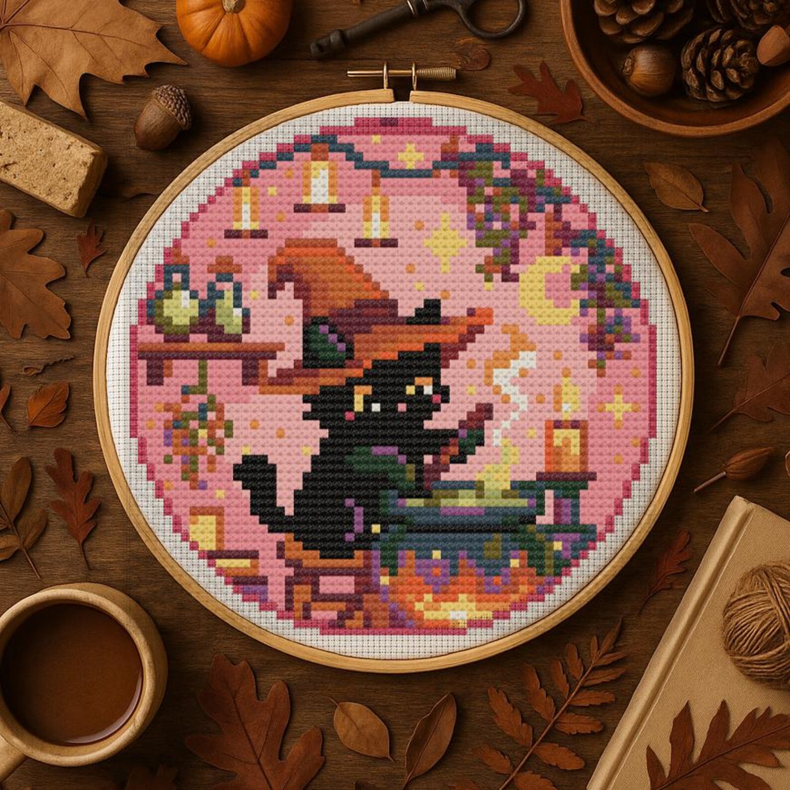 Cauldron Kitty Cross Stitch Pattern: Witchy Black Cat With Cauldron ...