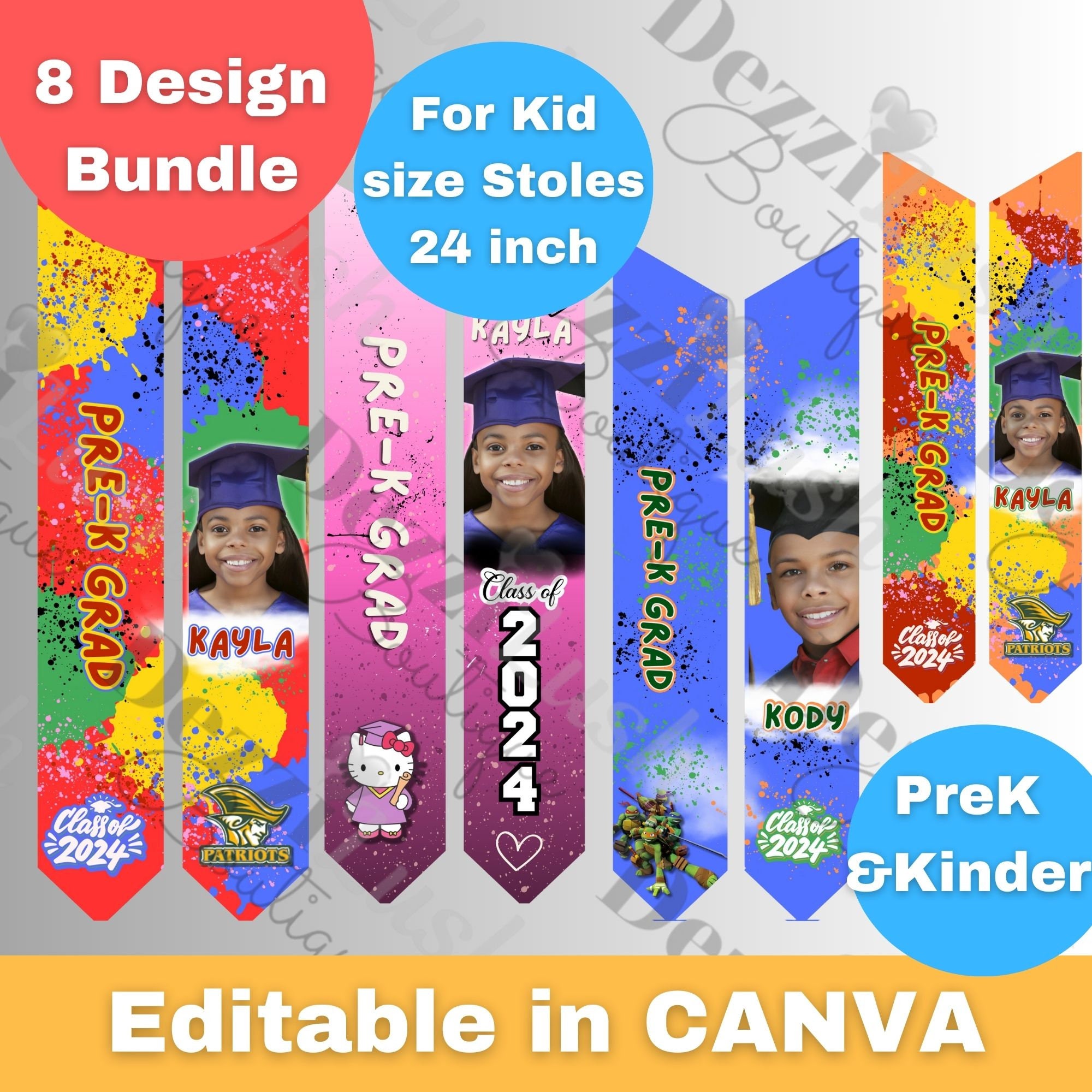 Kindergarten and Pre-k Kids Graduation Stole Design Bundle, Editable ...