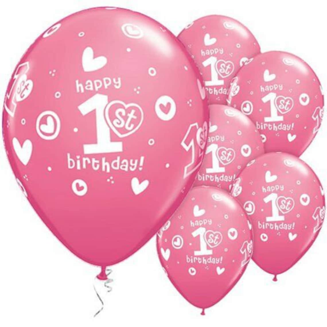 Pack of 6 X Pink 1st Birthday Balloons 1 Year Old Girl Birthday Party ...