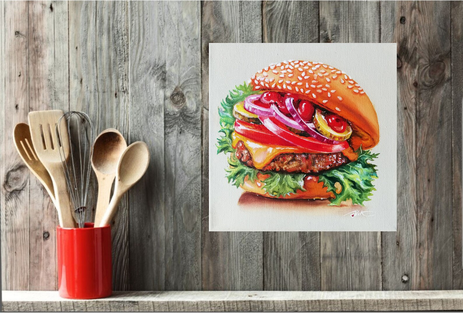 Burger Oil Painting Food Original Art Canvas Wall Art 8 X 8 by - Etsy