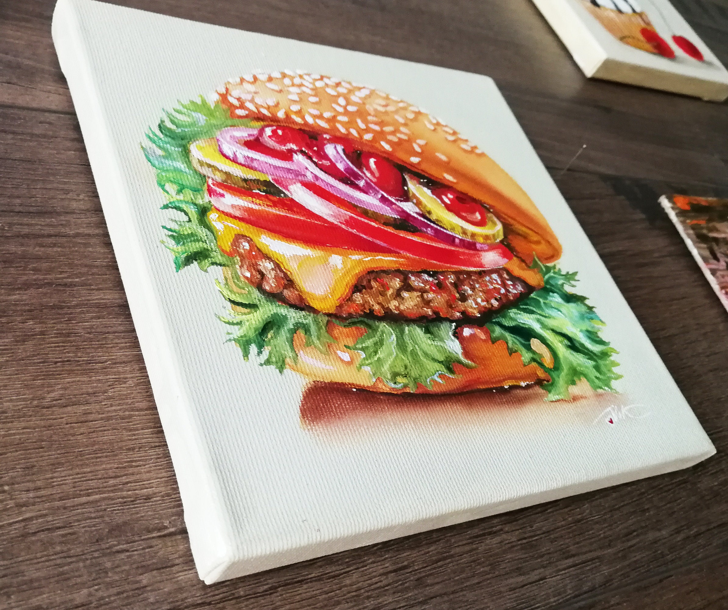 Burger Oil Painting Food Original Art Canvas Wall Art 8 X 8 by - Etsy