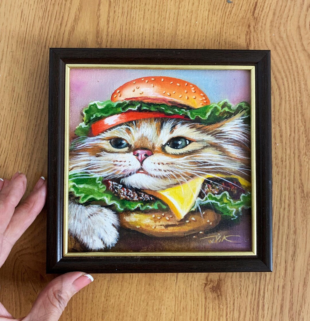 Funny Cat in Burger Painting Original Art Pets Painting Oil Painting ...