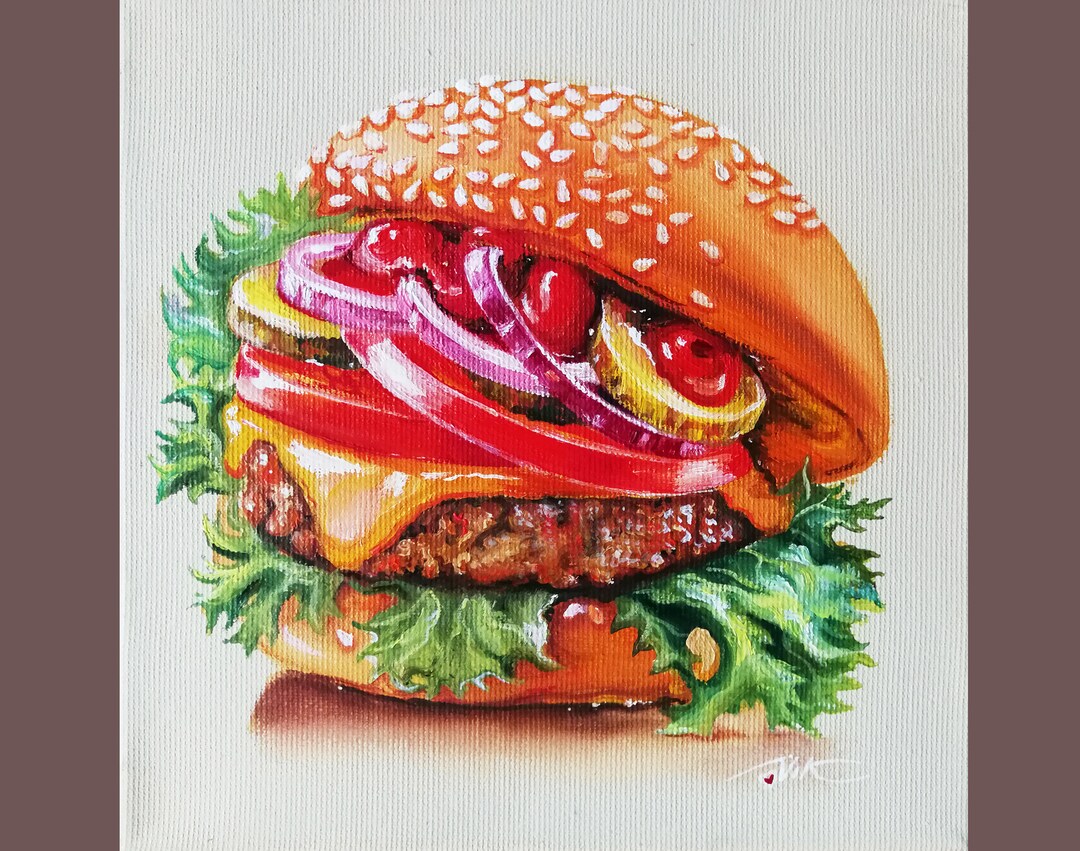Burger Oil Painting Food Original Art Canvas Wall Art 8 X 8 by ...