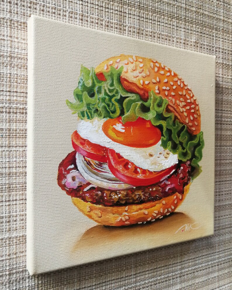 Painting Burger Fried Egg Original Art Oil Painting on Canvas - Etsy