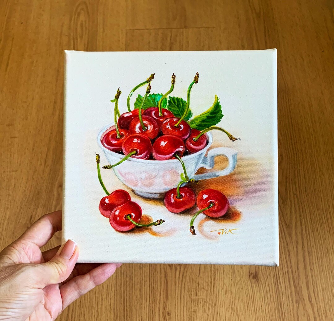 Original Cherry Oil Painting: Hyperrealism Fruit Artwork (8x8) - Etsy