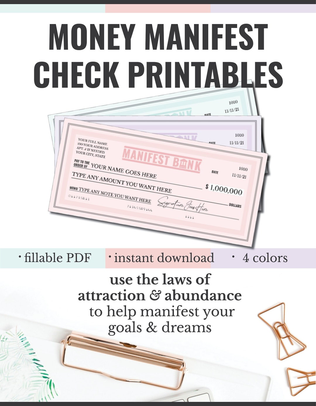 2024 Money Manifest Check Printable in Pink, Purple & Green (blank ...