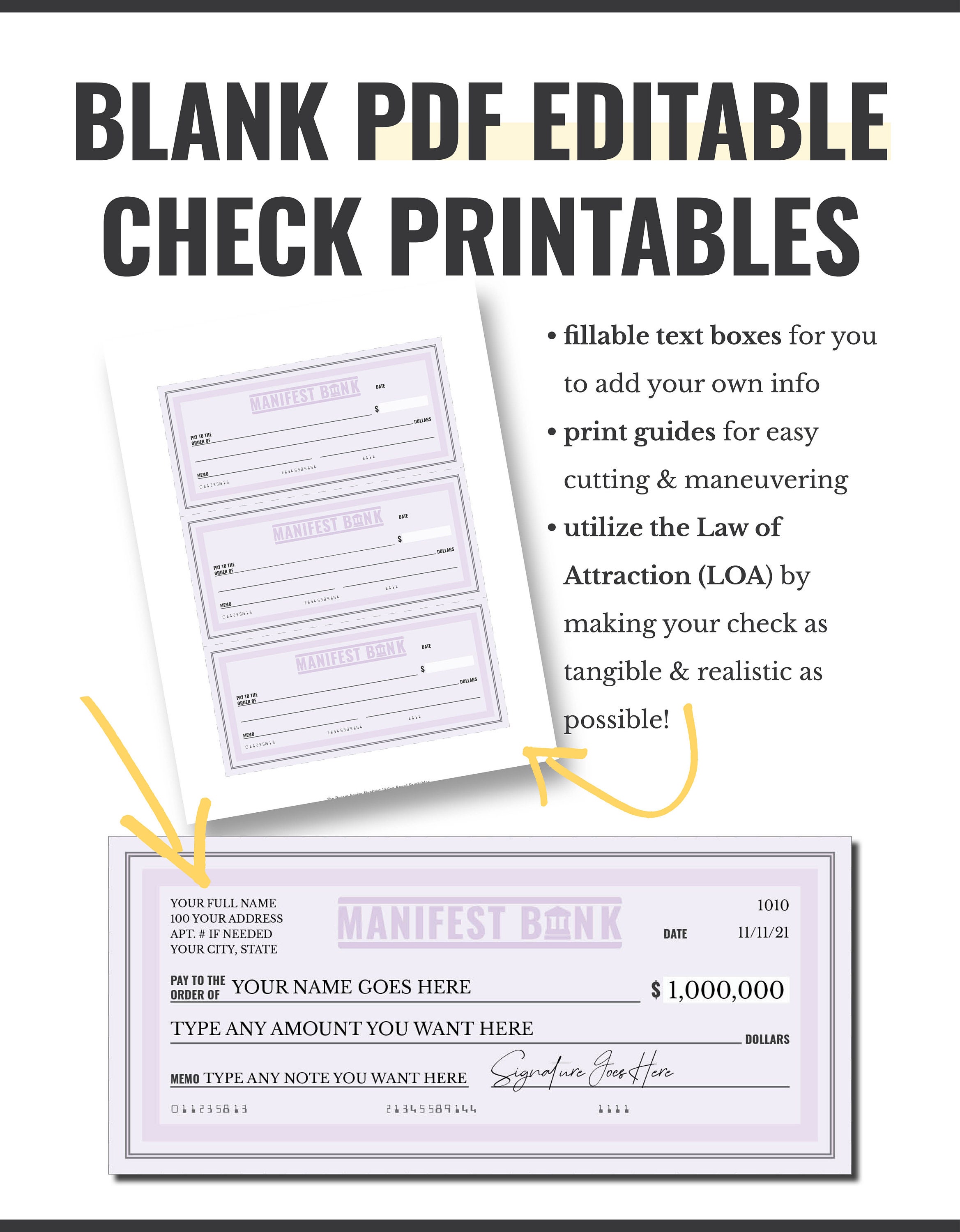 2024 Money Manifest Check Printable in Lilac Love (blank Check Editable ...