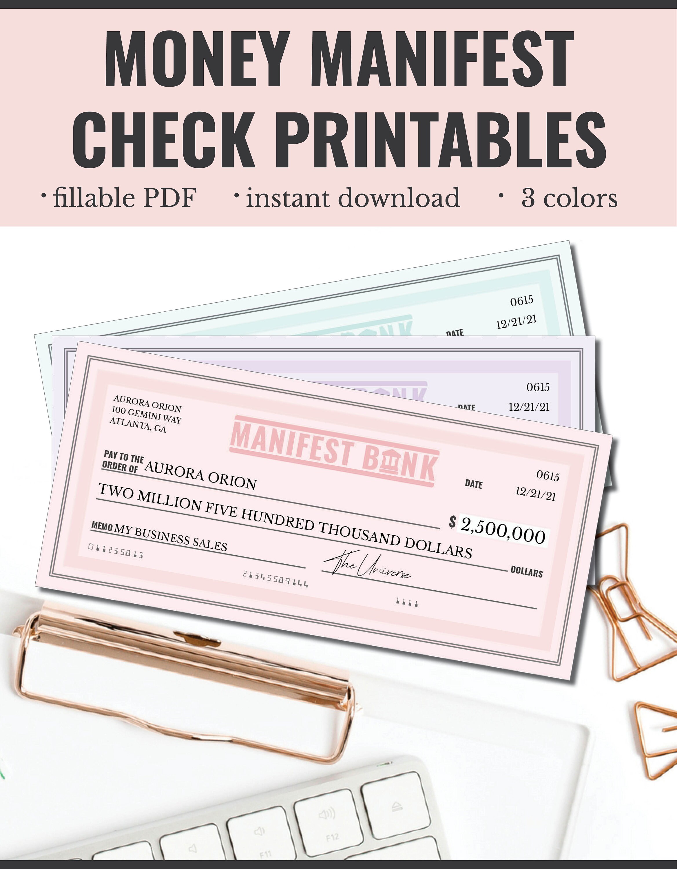 2024 Money Manifest Check Printable in Blush Pink (blank Check Editable ...