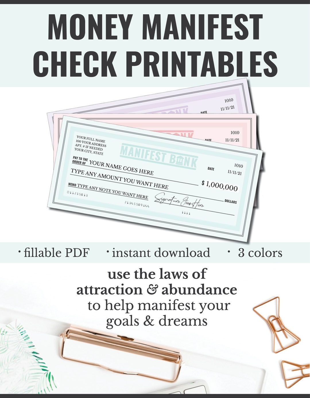 2024 Money Manifest Check Printable in Ocean Blue Green (blank Check ...